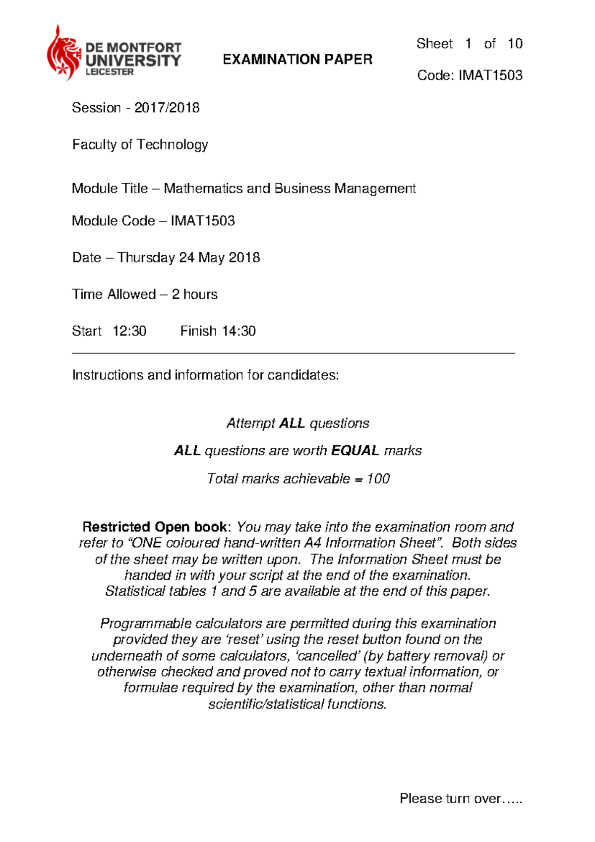 IMAT1503 2018 Exam - Warning: TT: undefined function: 32 Sheet 1 of 10 ...