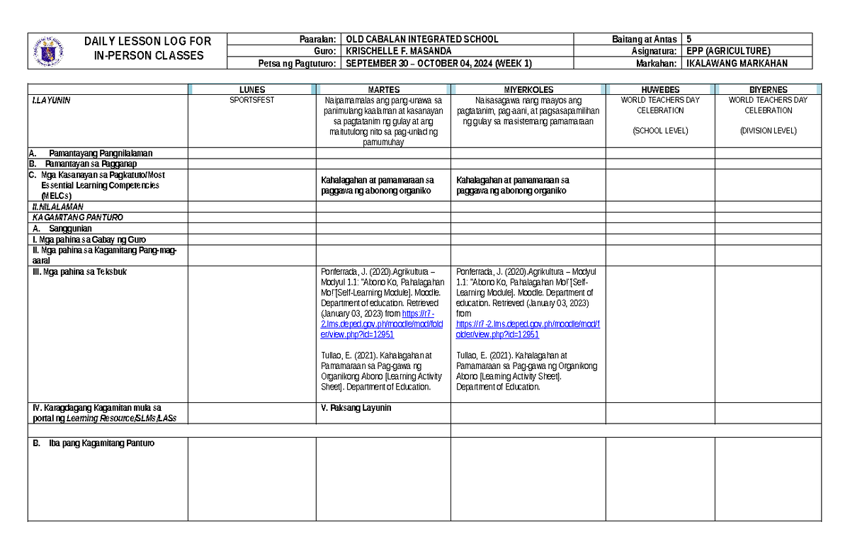 W1 EPP Agriculture - none - DAILY LESSON LOG FOR IN-PERSON CLASSES ...