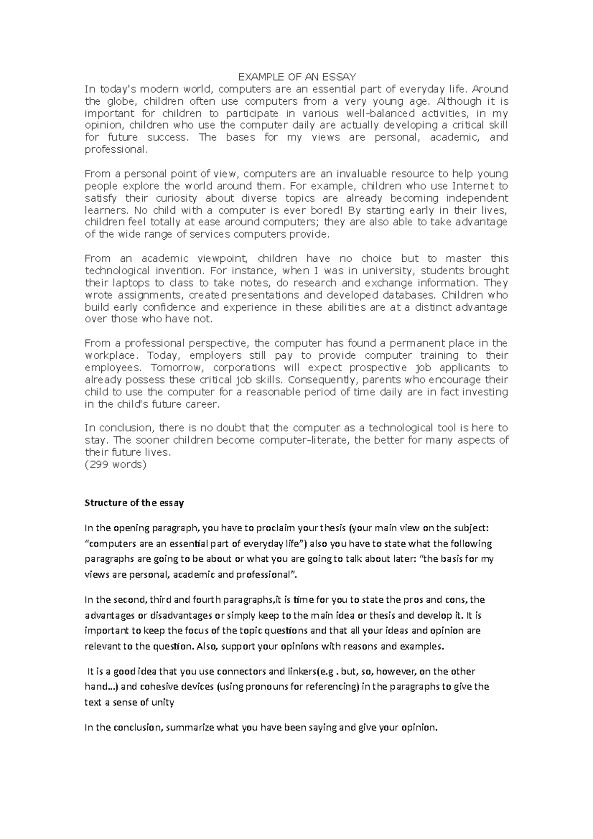 Sample of essay and structure - EXAMPLE OF AN ESSAY In today's modern ...