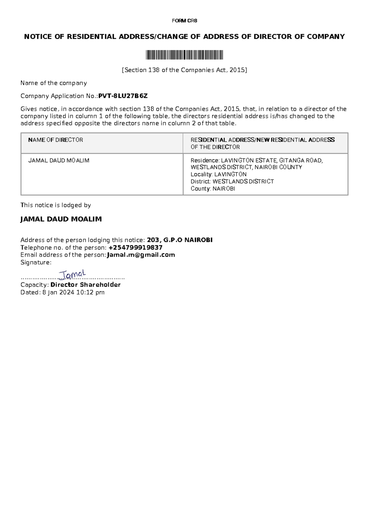 CR8 - NOTES - FORM CR8FORM CR NOTICE OF RESIDENTIAL ADDRESS/CHANGE OF ...