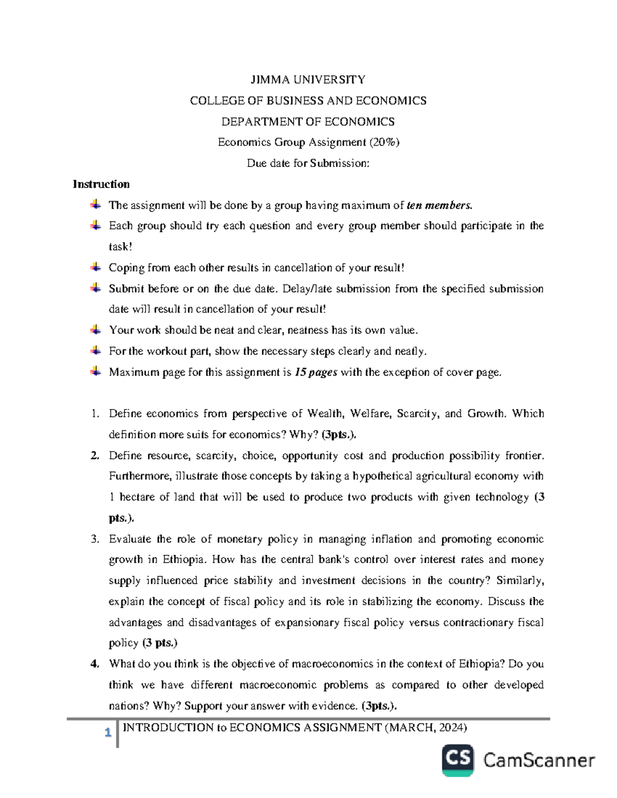 Economics Assignment 2024 (PWSE) - 1 INTRODUCTION to ECONOMICS ...