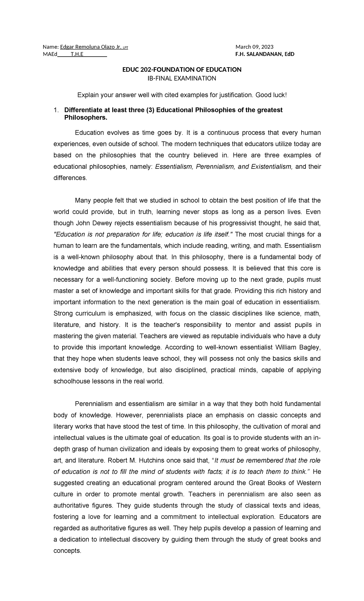 Foundation of Education - EDUC 202 Final Exam - Name: Edgar Remoluna ...