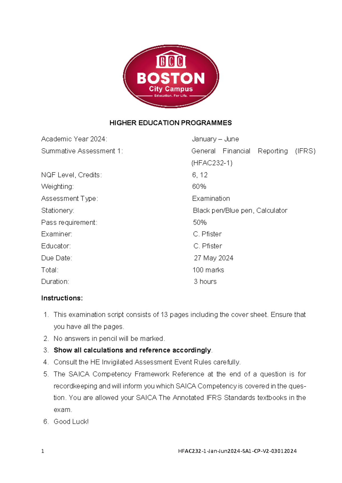 HFAC232 1 Jan Jun2024 SA1 CP V2 03012024 - HIGHER EDUCATION PROGRAMMES ...