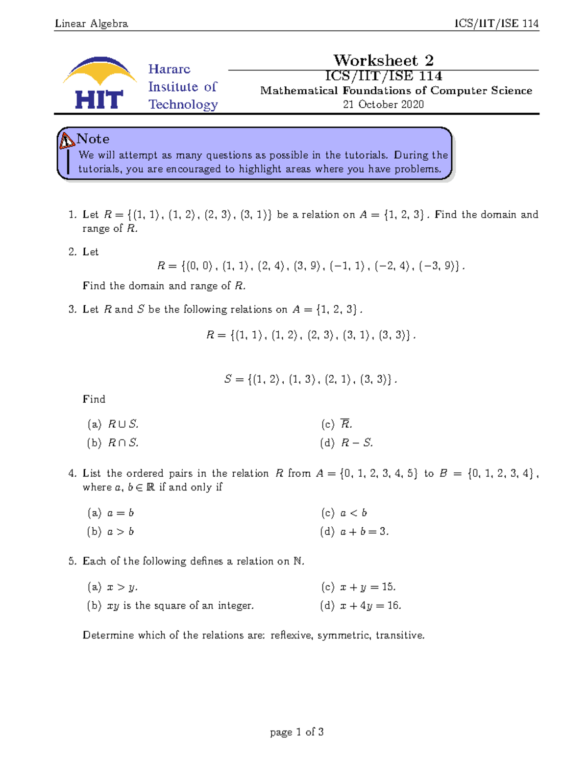 2020 Worksheet 2 Lecture Notes For Mathematical Foundations Of Computer Science Linear