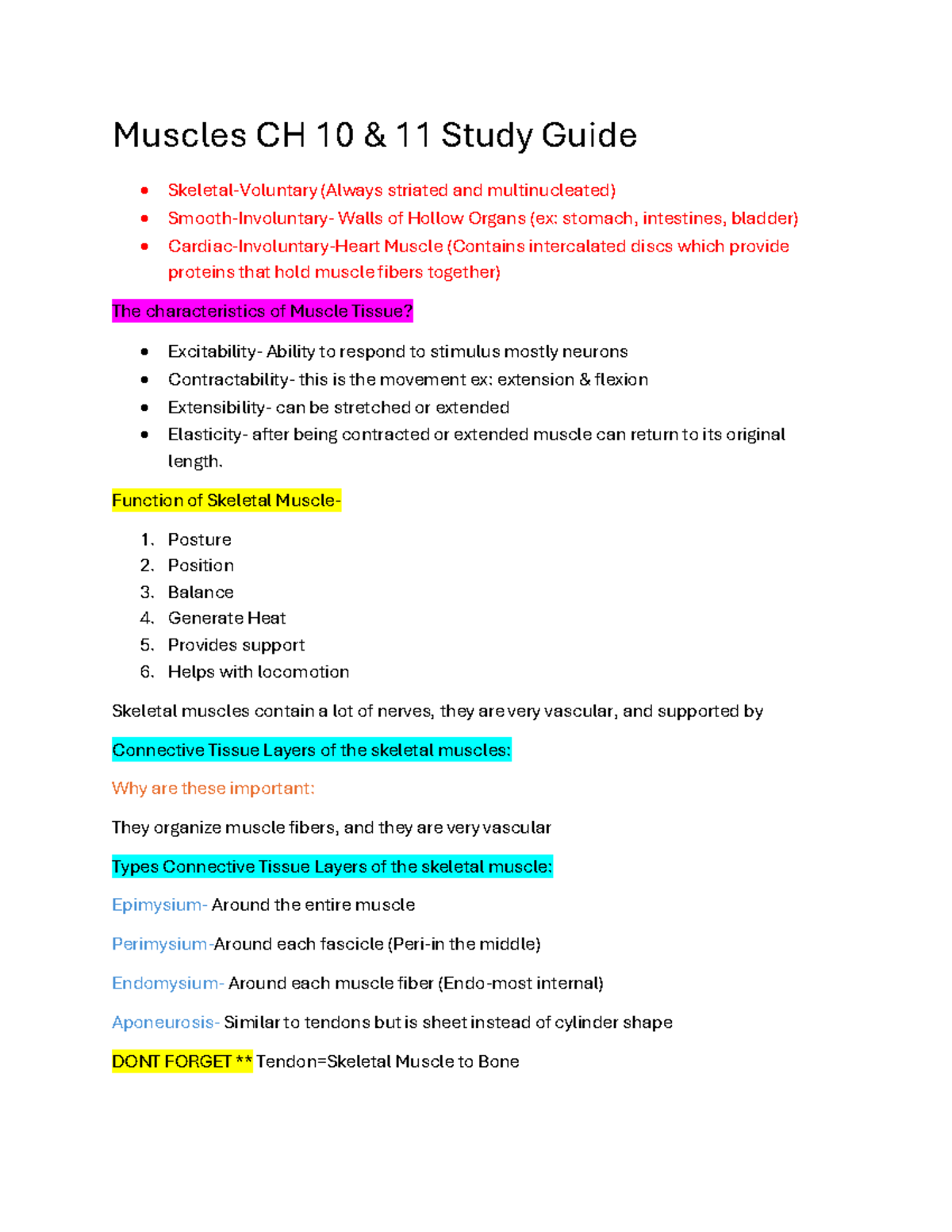 Chapter 10-11 Muscles study guide - Muscles CH 10 & 11 Study Guide ...