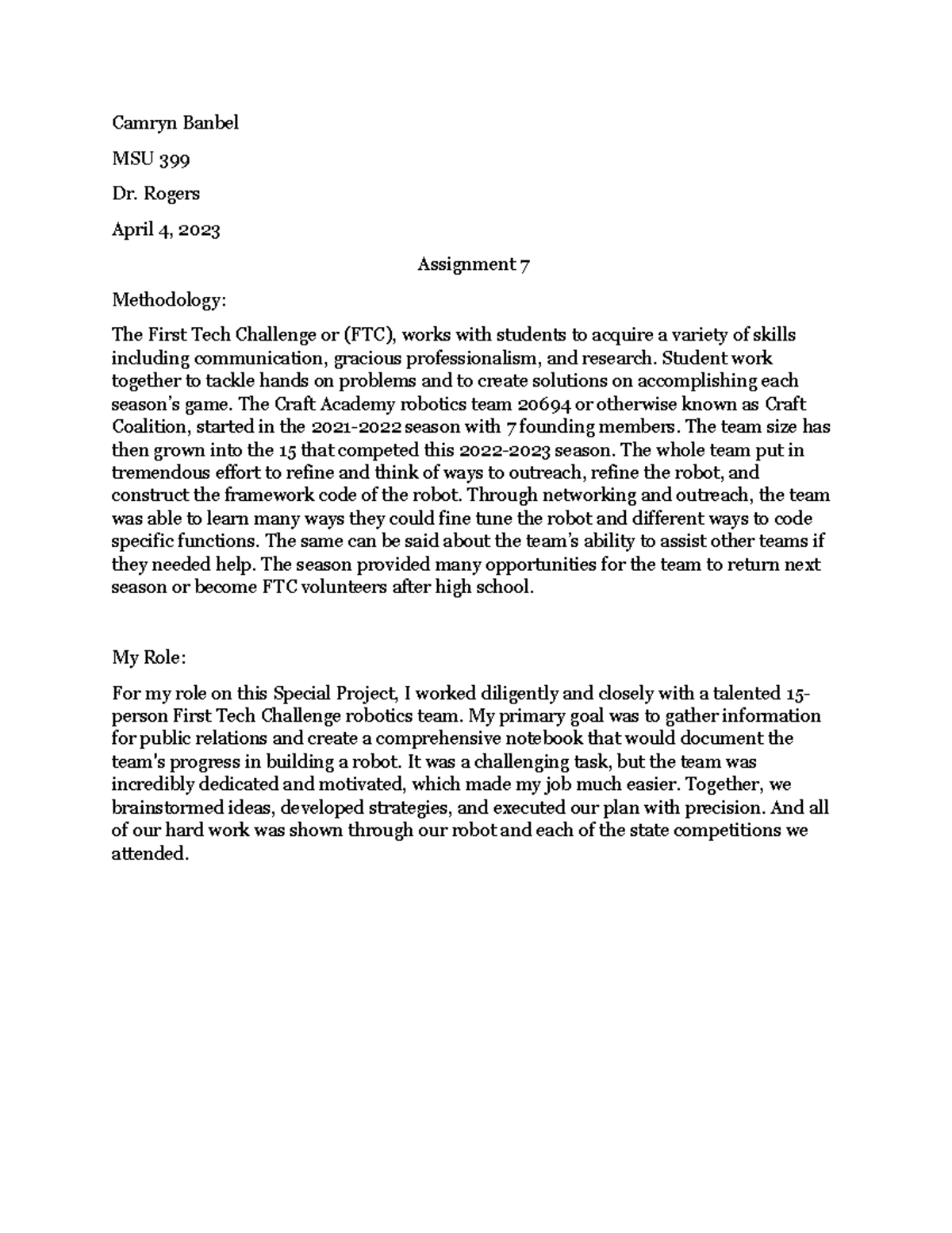 MSU 399 - Assignment 7 - RESEARCH Reference for writing during a ...