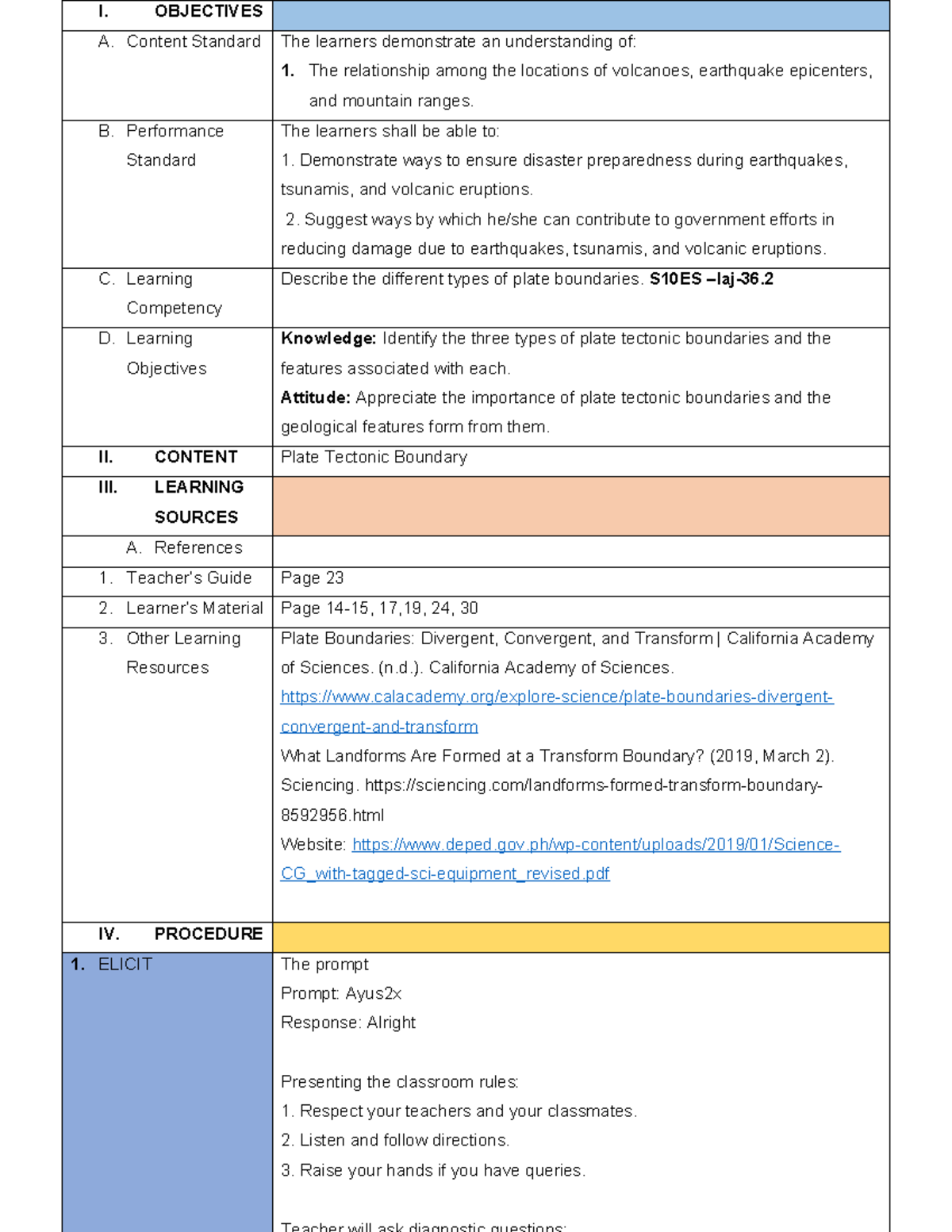Lesson Plan - Plate Tectonic Boundaries - I. OBJECTIVES A. Content ...