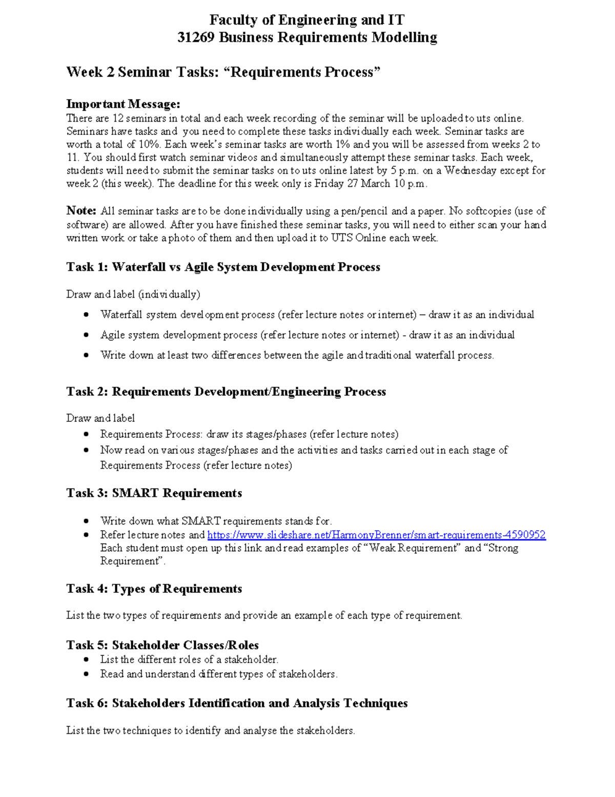 Week 2 Seminar Tasks Requirements Process 1 - Faculty of Engineering ...