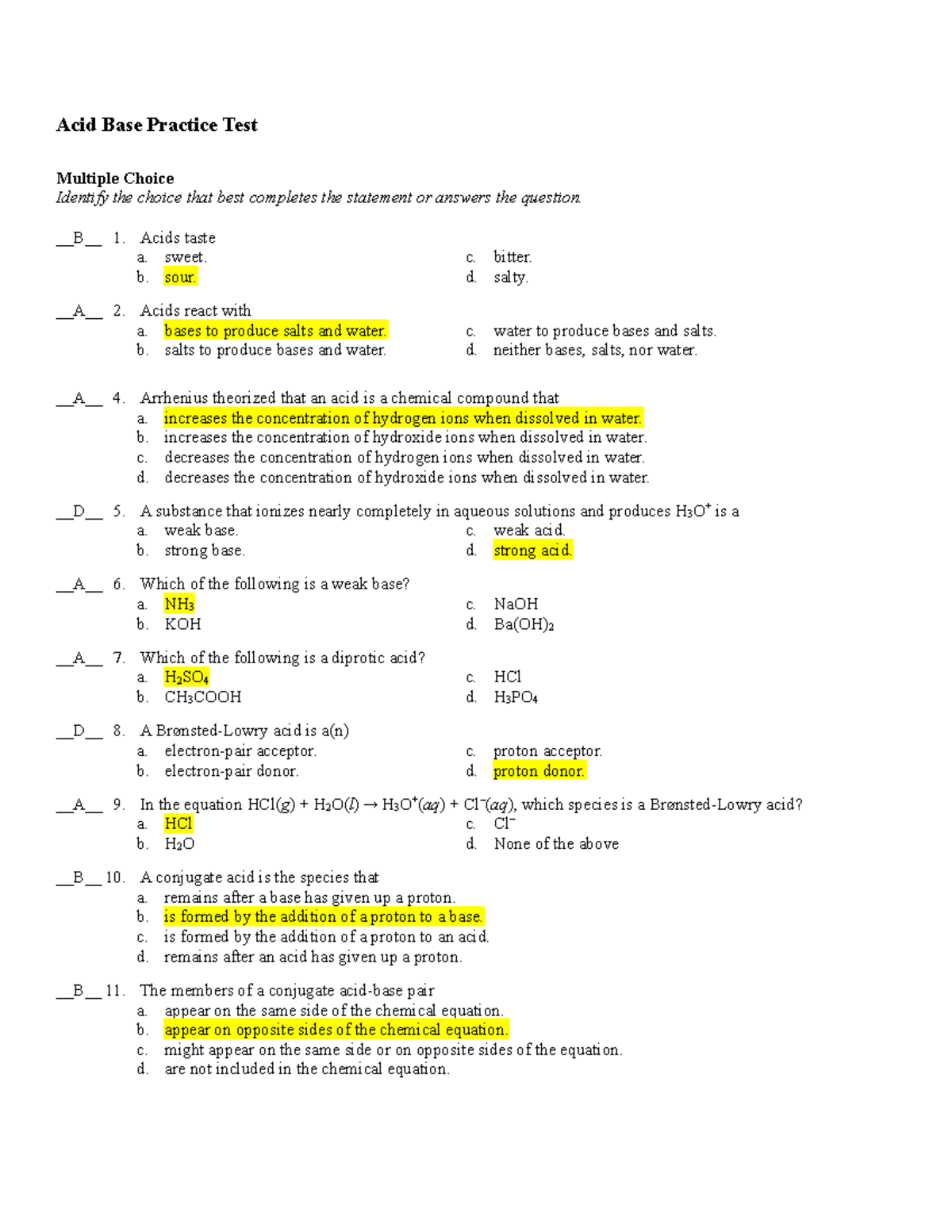 Ch19 test - ch 19 test - Acid Base Practice Test Multiple Choice ...