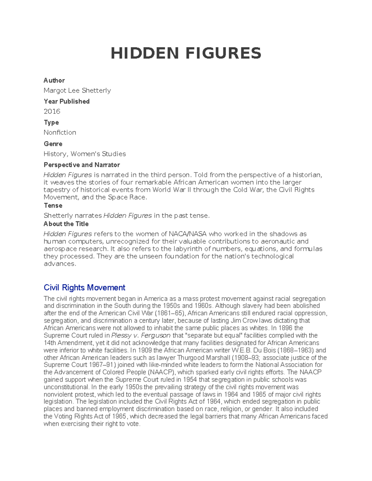 Hidden Figures Story - HIDDEN FIGURES Author Margot Lee Shetterly Year ...
