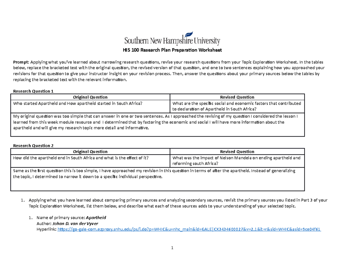 HIS 100 Research Plan Preparation Worksheet - HIS 100 Research Plan ...