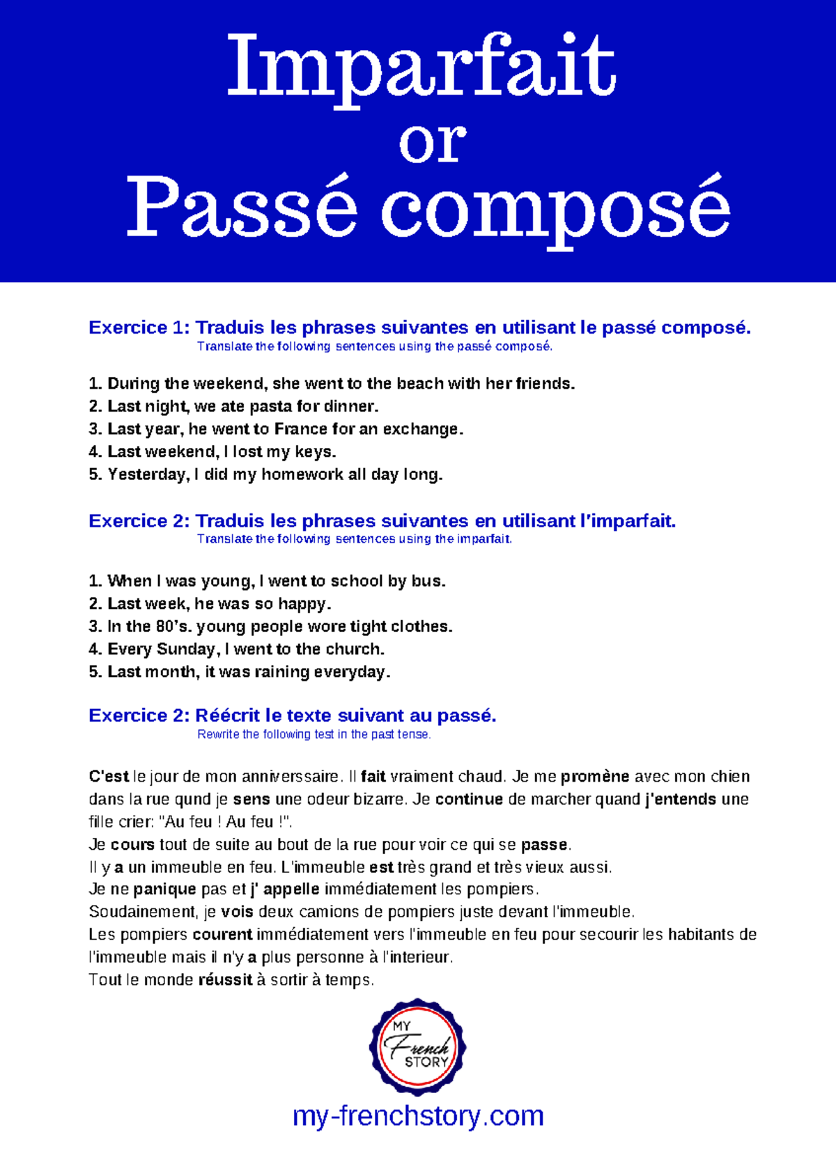 Passé composé and imparfait exercises - Imparfait Passé composé or my ...