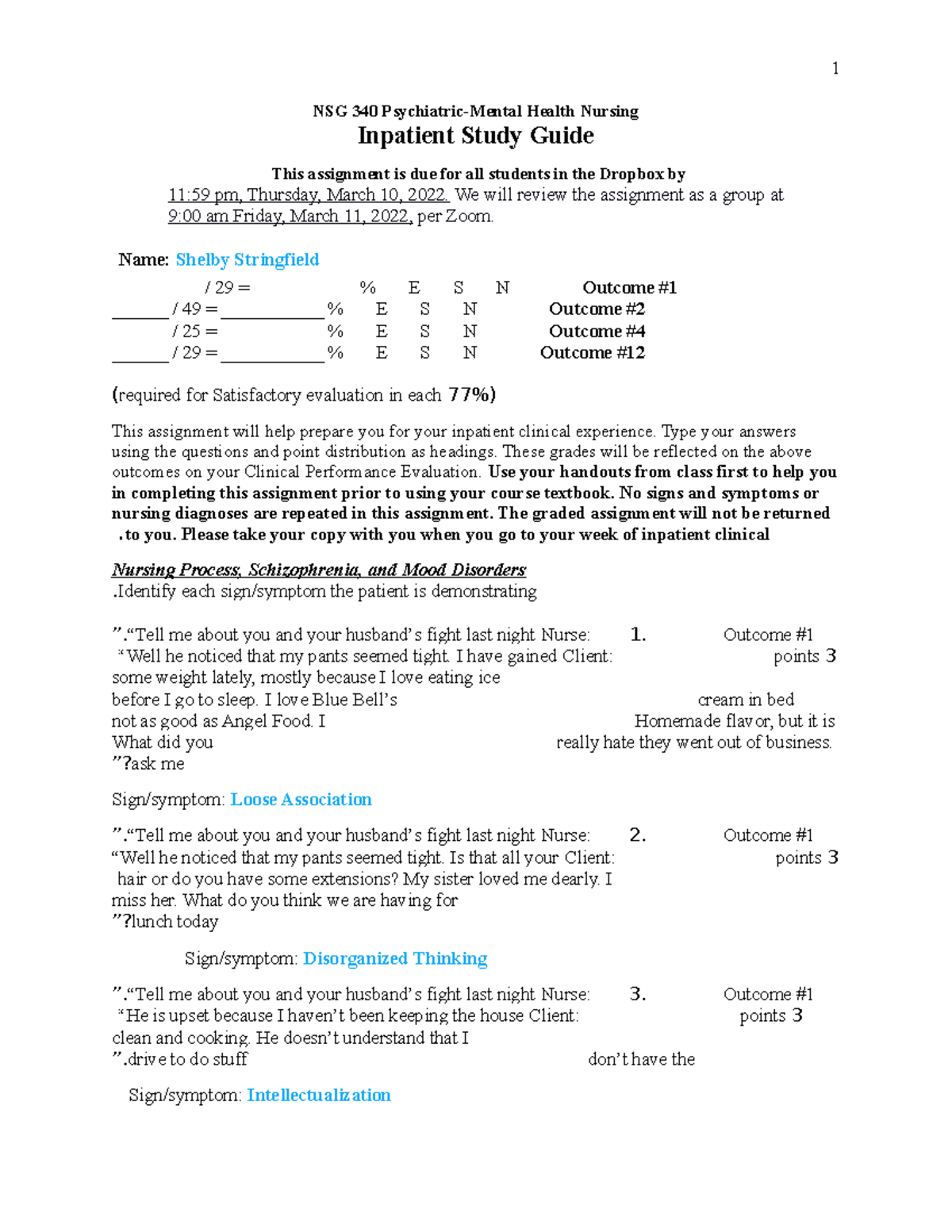 Inpatient Study Guide Psych - NSG 340 Psychiatric-Mental Health Nursing ...