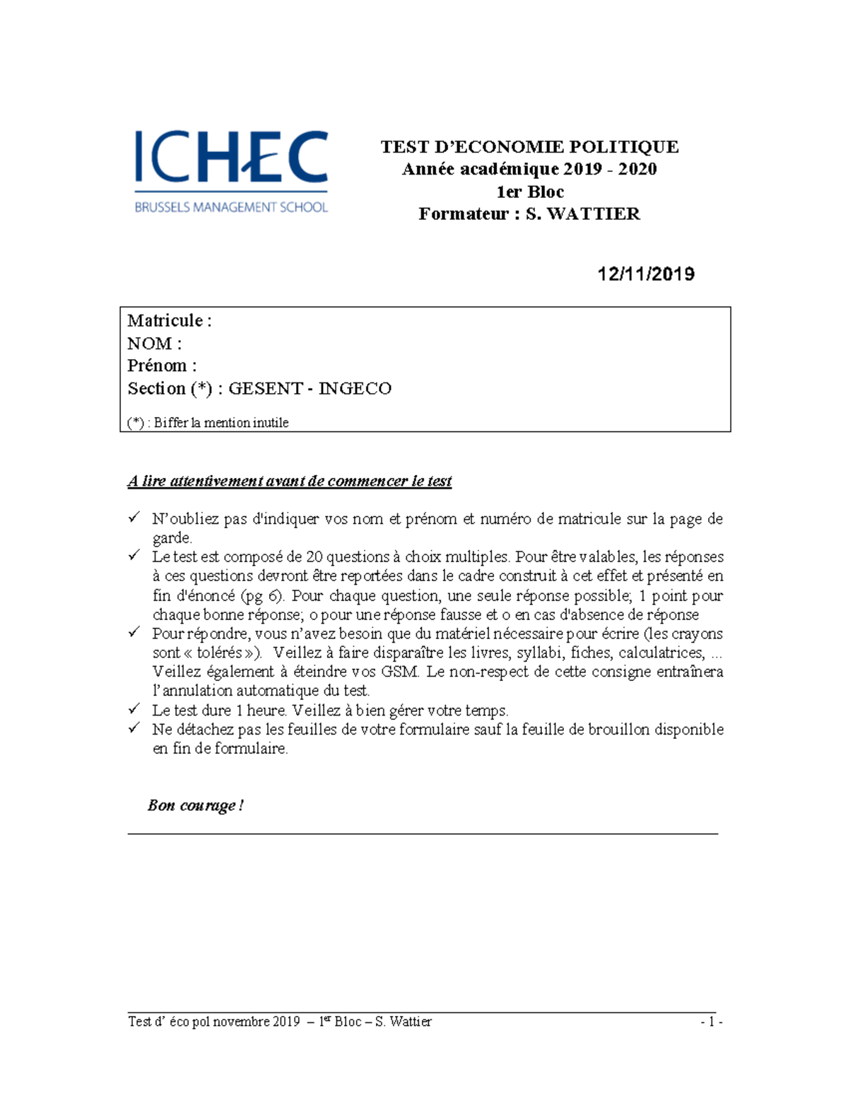 Test novembre 2019 exemple de correction - 12/11/ Matricule : NOM ...