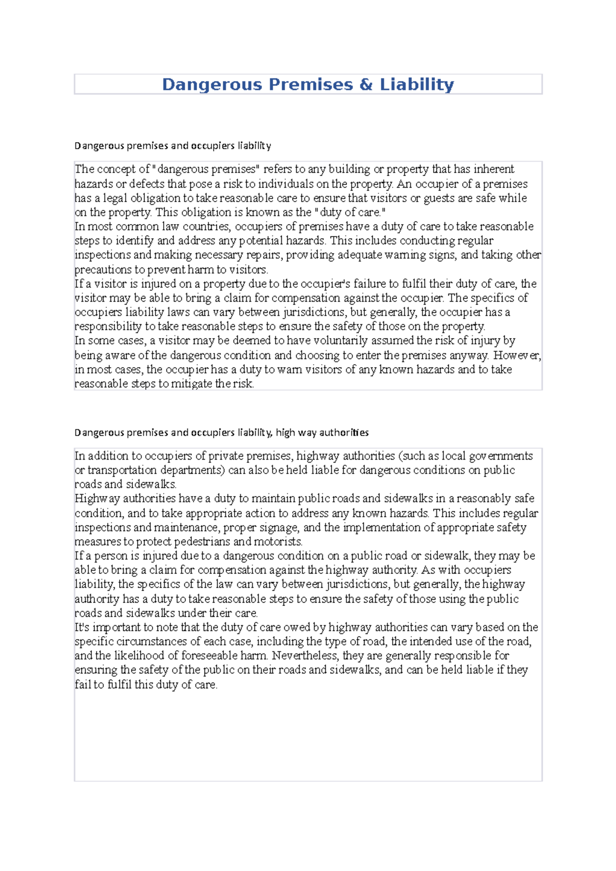 Dangerous premises and highway authorities - Dangerous Premises ...