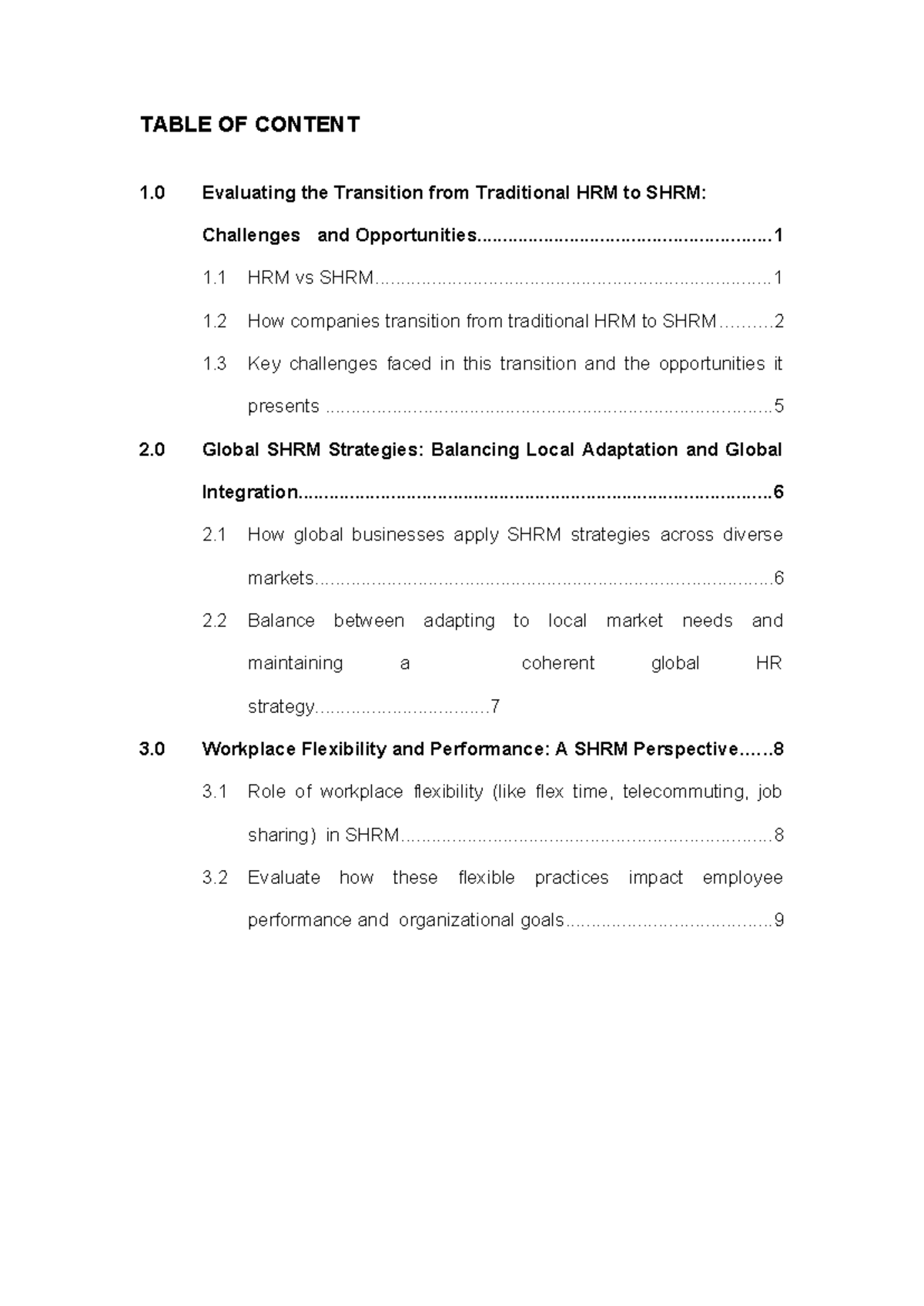 Transition from Traditional HRM to SHRM - TABLE OF CONTENT 1 Evaluating ...