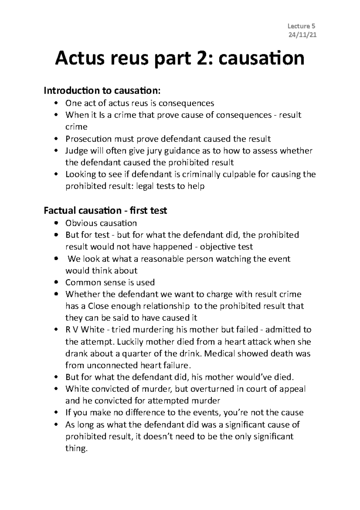 Actus reus part 2 - lecture 5 - 24/11/ Actus reus part 2: causation ...