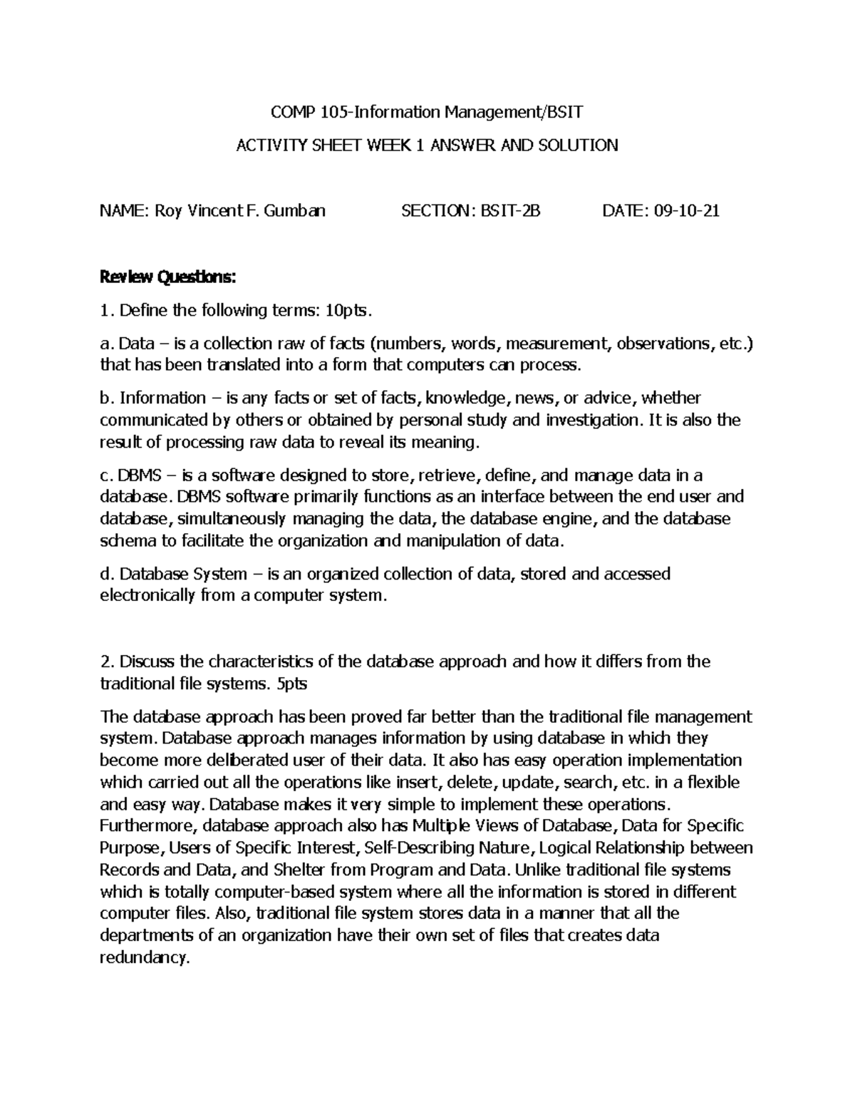 Activity Sheet Week 1 - Define data - COMP 105-Information Management ...