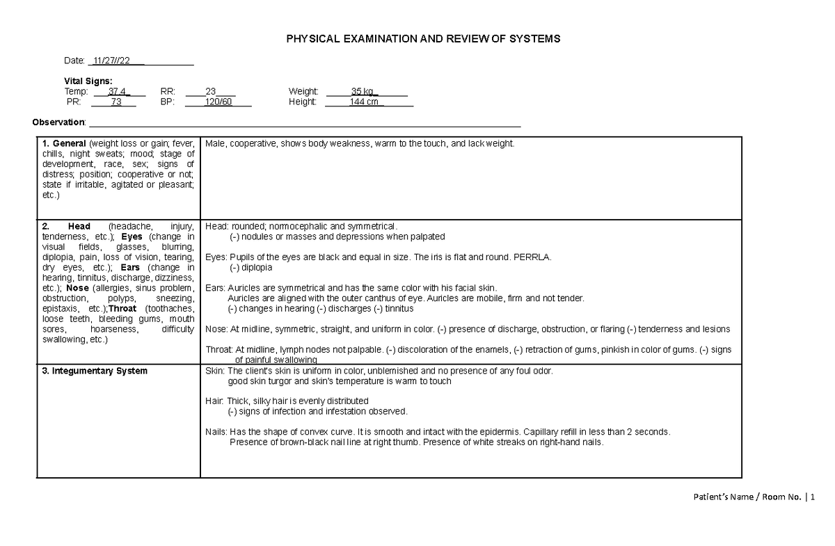 PA-ROS - Physical Assessment Review of Systems sample Nursing level 2 ...