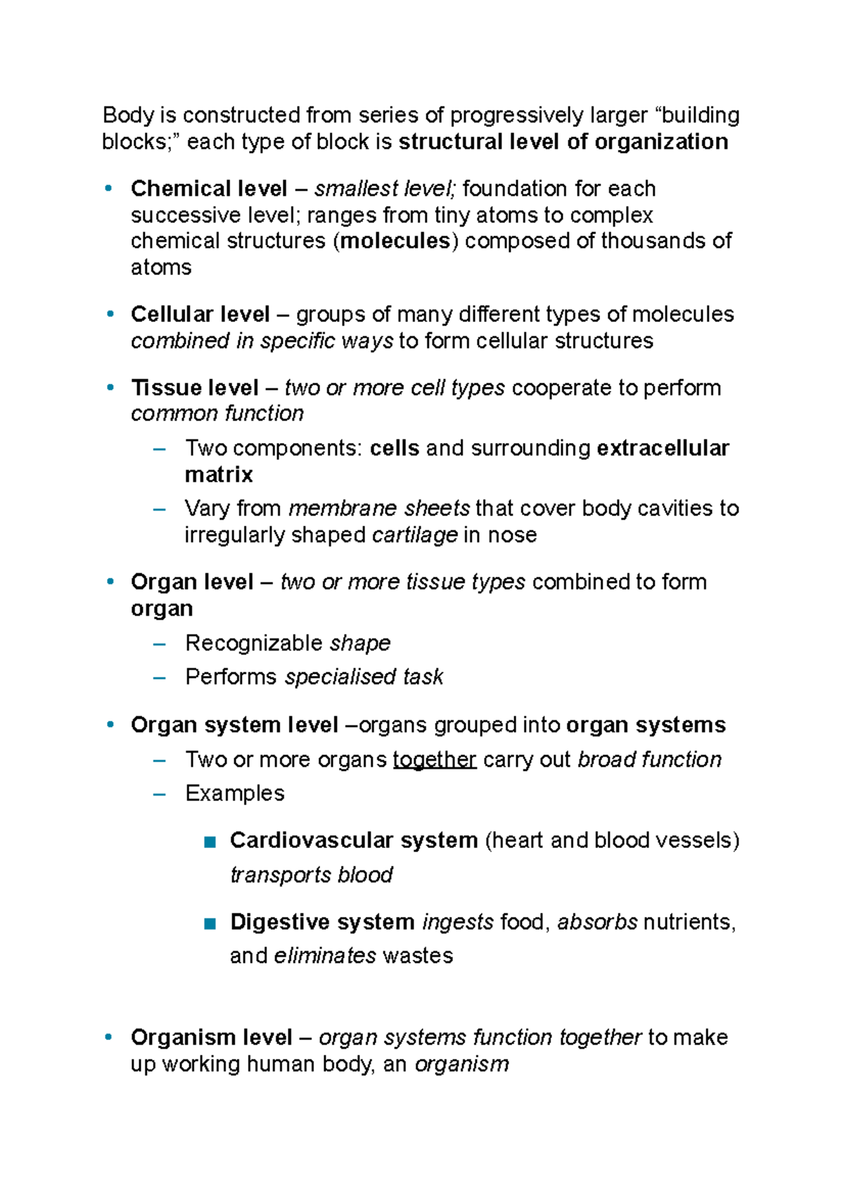 Levels of Structural Organization and Body Systems - Body is ...