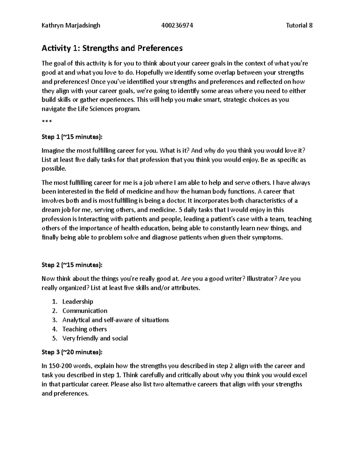 Tutorial 1 - Activity 1 - LIFE SCI 2AA3 NOTES - Kathryn Marjadsingh ...