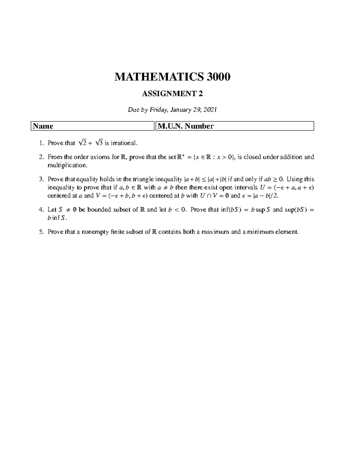 Assignment2Math 3000 - MATHEMATICS 3000 ASSIGNMENT 2 Due by Friday ...