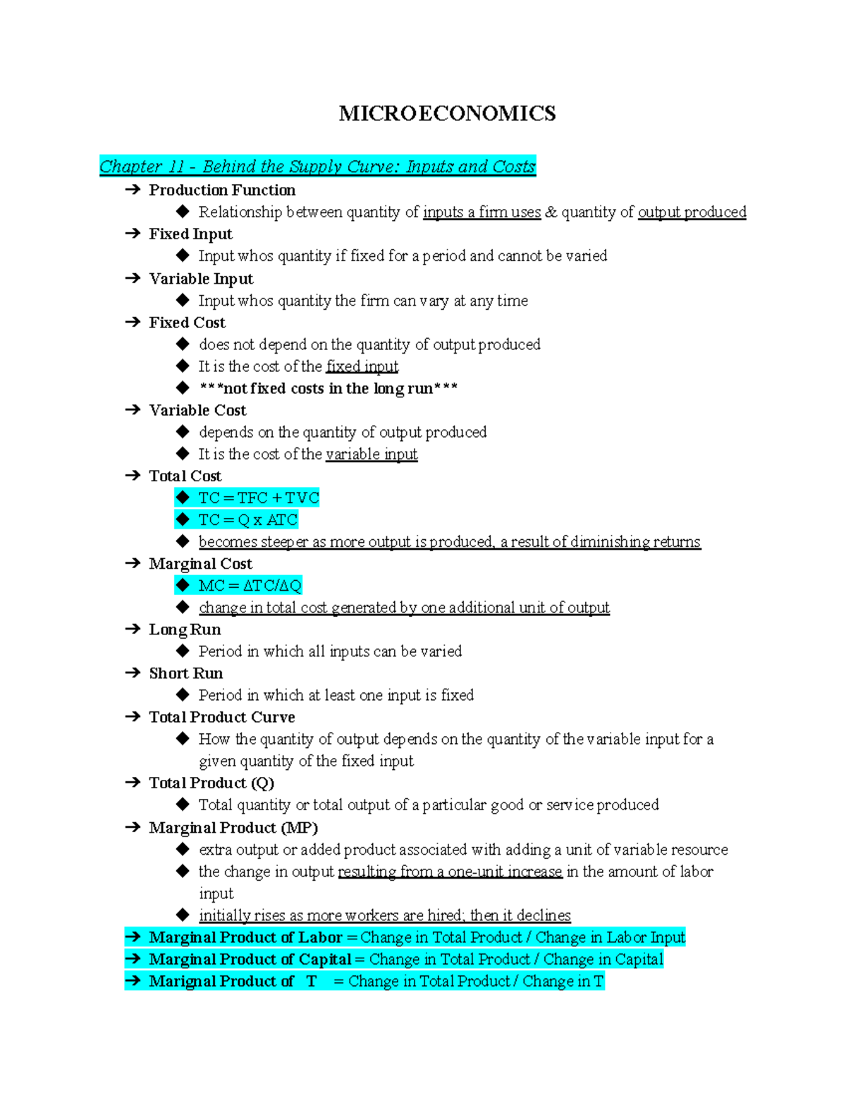 Micro Notes Part 2 - MICROECONOMICS Chapter 11 - Behind the Supply ...