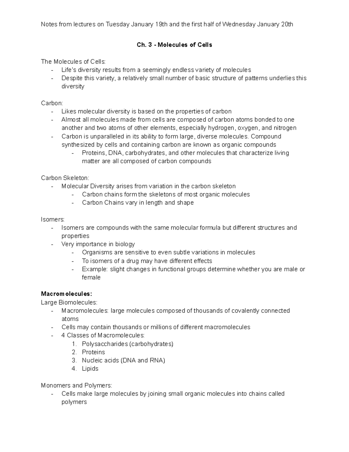 BIOL 150B Ch. 3 Molecules of Cells - Ch. 3 - Molecules of Cells The ...