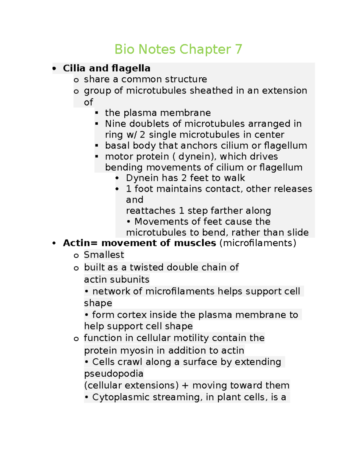 Bio Notes Chapter 7 - gibson - Bio Notes Chapter 7 Cilia and flagella o ...