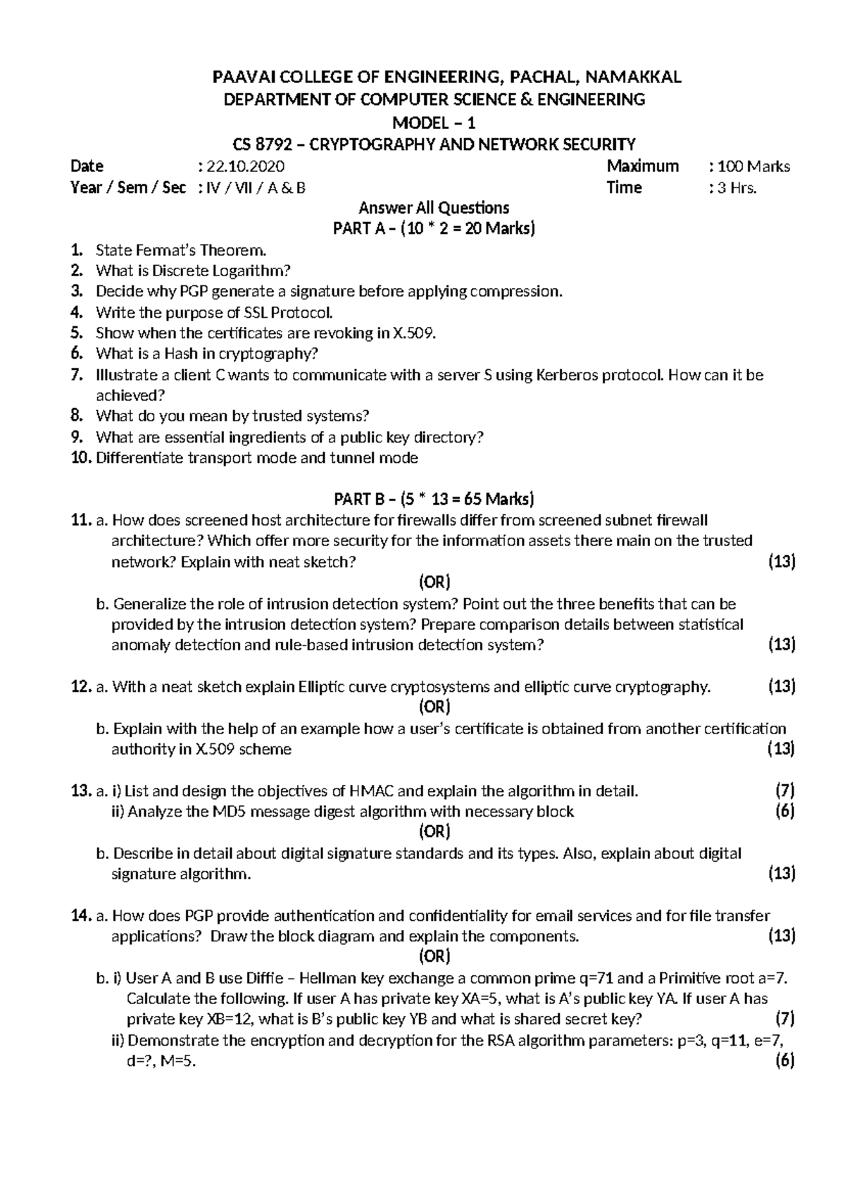 CNS - Model 1 - A SEC - B 1 - Questio paper - PAAVAI COLLEGE OF ...