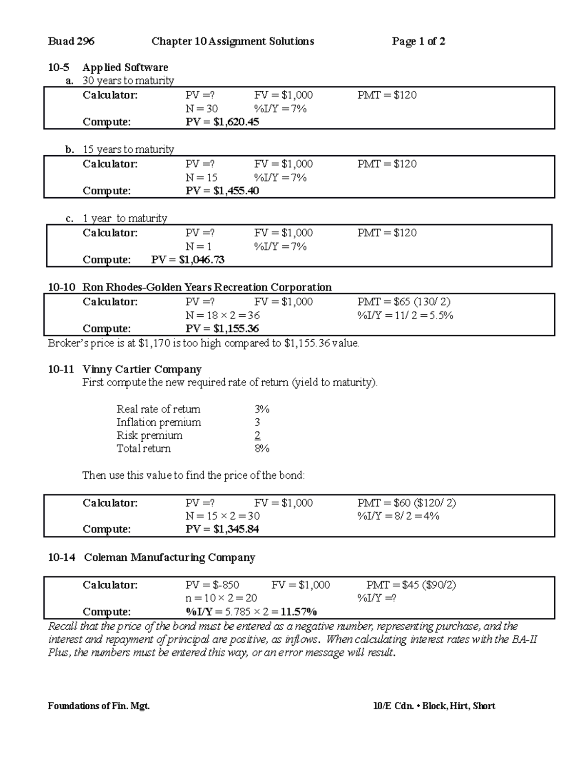 296 Cpt 10 Assignment Solutions - Buad 296 Chapter 10 Assignment Solutions Page 1 of 2 10-5 ...