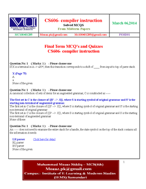 CS606 Mid Term MCQs With Refrence Solved By Arslan Arshad Zain - CS606- Compiler Construction ...