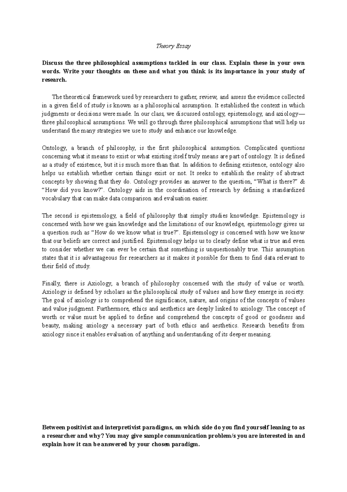 Theory Essay - Theory Essay Discuss the three philosophical assumptions ...