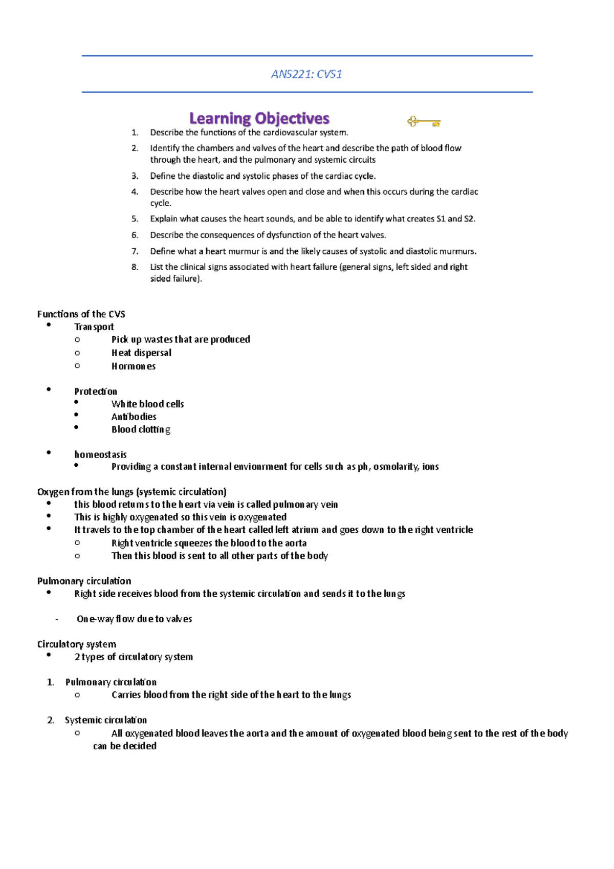ANS221 lecture 1 - ANS221: CVS Functions of the CVS Transport o Pick up ...