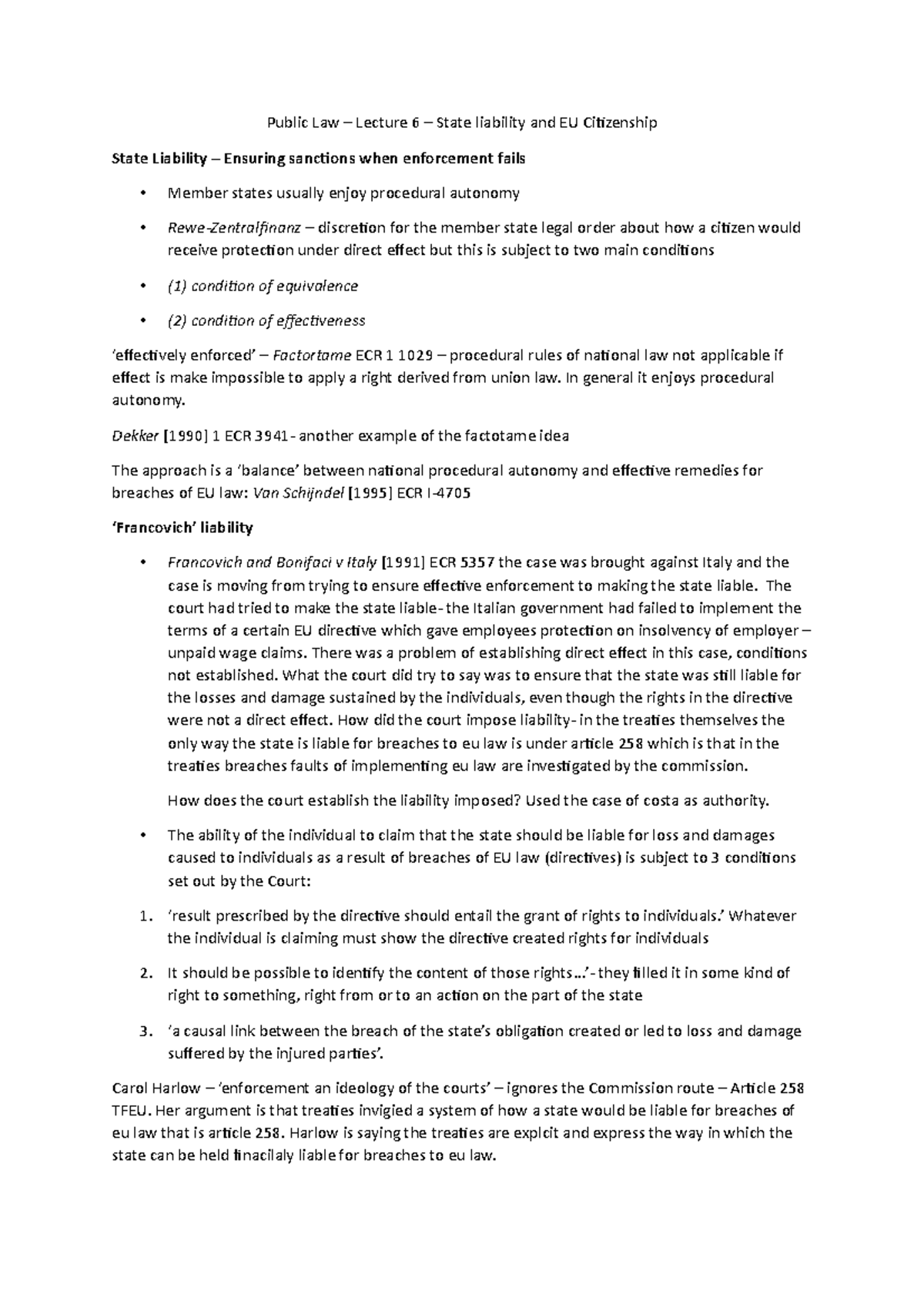 Lecture 6 Notes - SEM 2 - Public Law – Lecture 6 – State liability and ...
