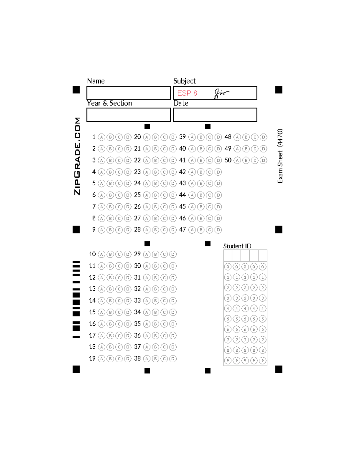Zip-grade-test-paper - Name Subject Year & Section Date Student ID 0 1 ...