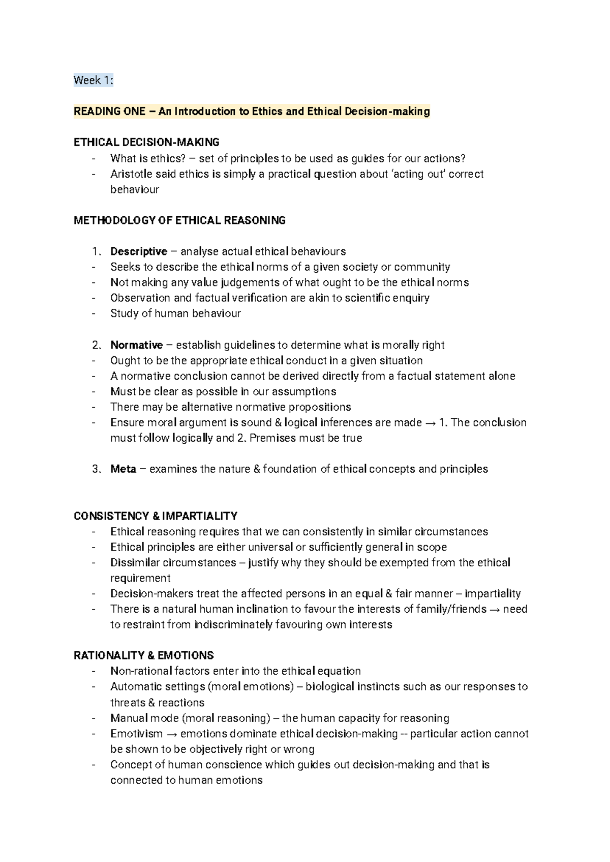 Articles Summary - Week 1: READING ONE – An Introduction to Ethics and ...