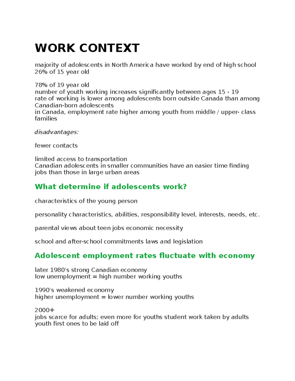 WORK Context - WORK CONTEXT majority of adolescents in North America ...