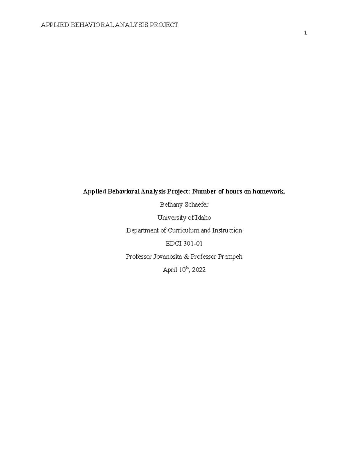 Final ABA project - n/a - Applied Behavioral Analysis Project: Number ...