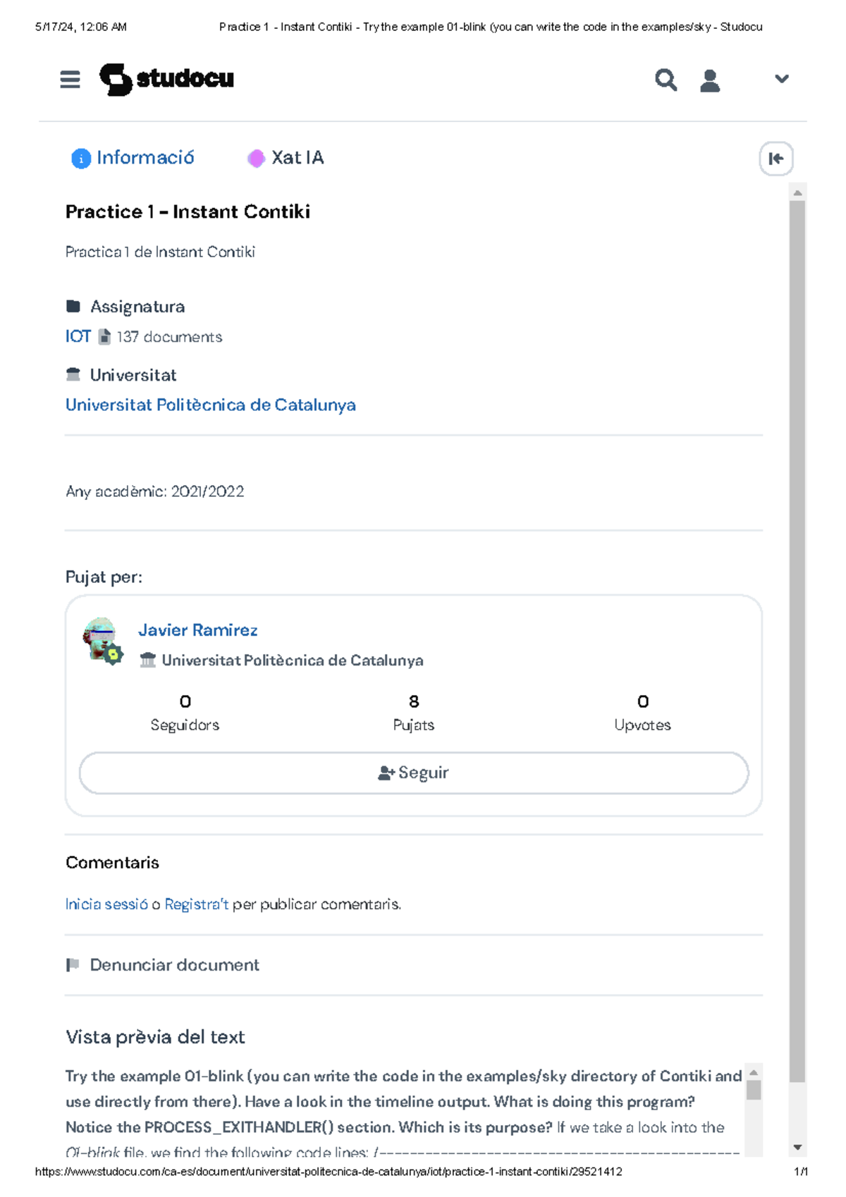 Practice 1 - Instant Contiki - Try the example 01-blink (you can write ...