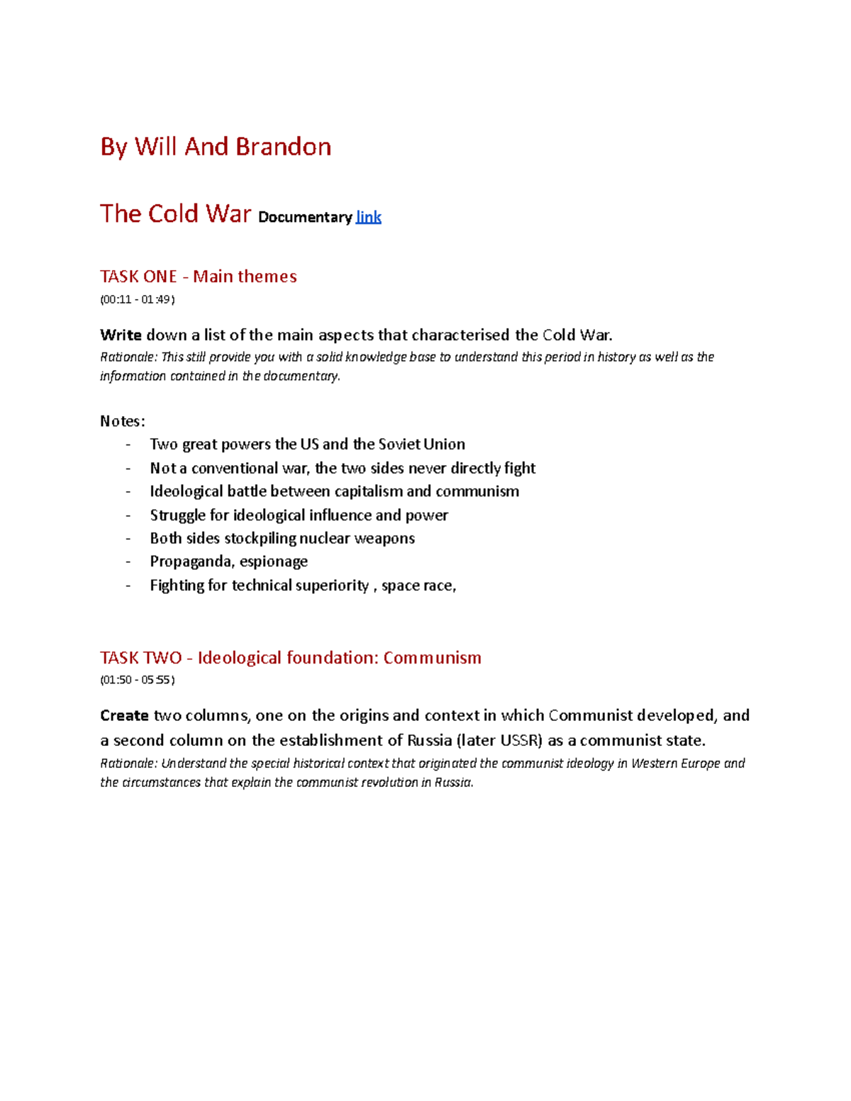 Copy of Cold War documentary guided viewing - By Will And Brandon The ...