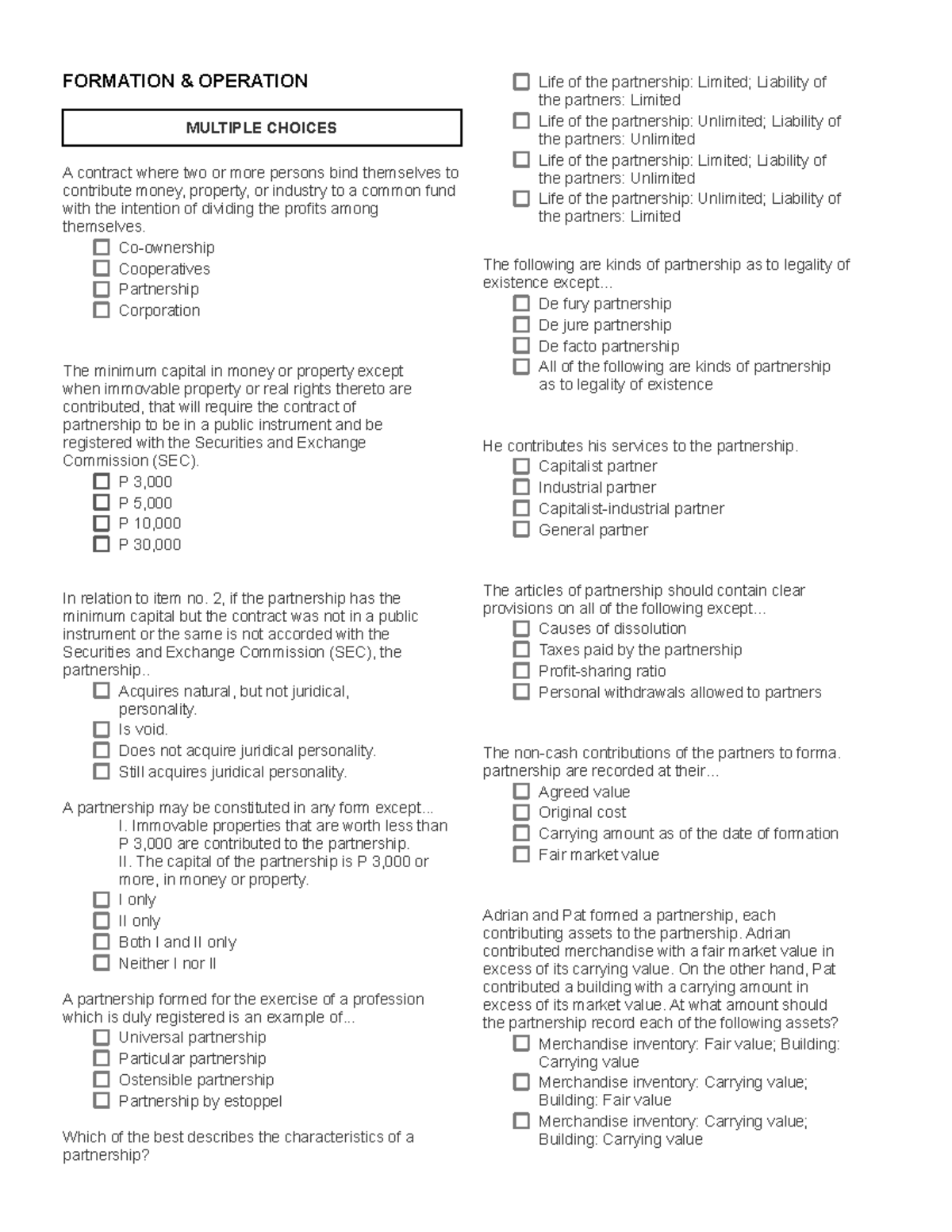 Practice Test - FAR - FORMATION & OPERATION MULTIPLE CHOICES A contract ...