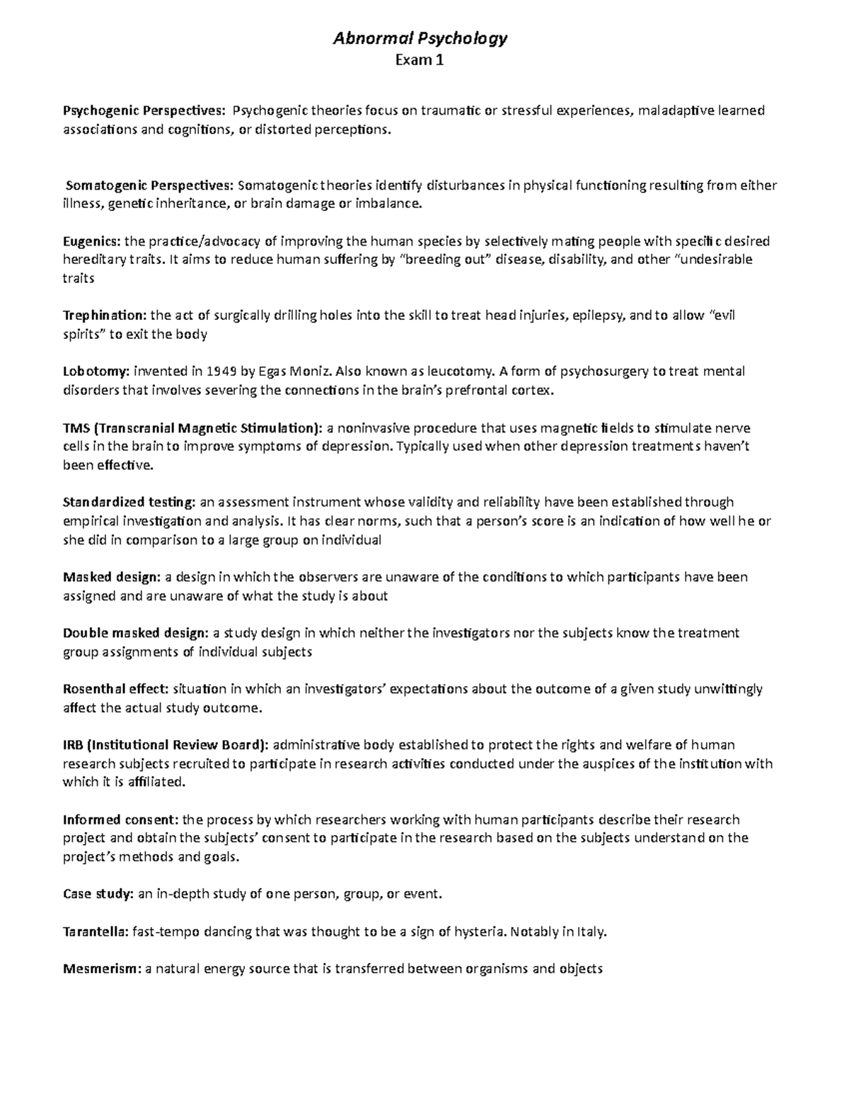Abnormal Psych Exam 1 Study Guide - Exam 1 Psychogenic Perspectives ...