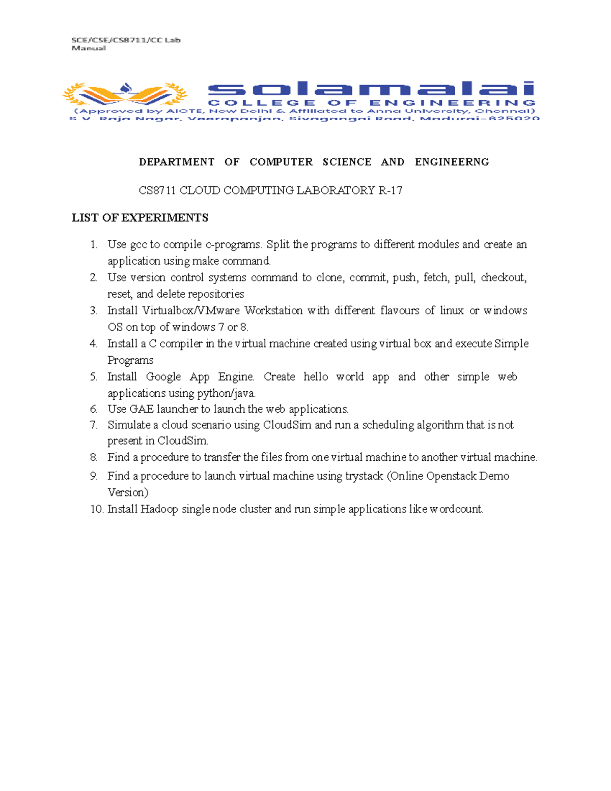 Cc Lab Manual Last Batch Department Of Computer Science And Engineerng Cs8711 Cloud Computing