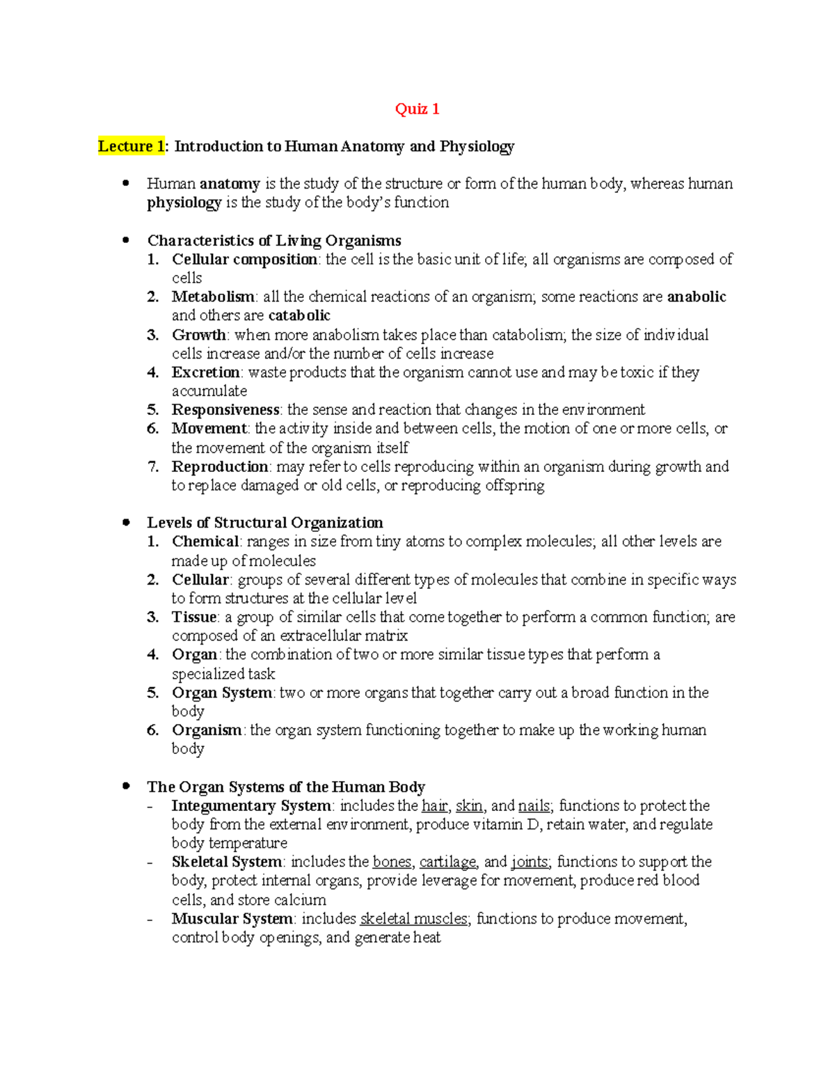 A & P Lecture Notes - Intro - Quiz 1 Lecture 1: Introduction to Human ...