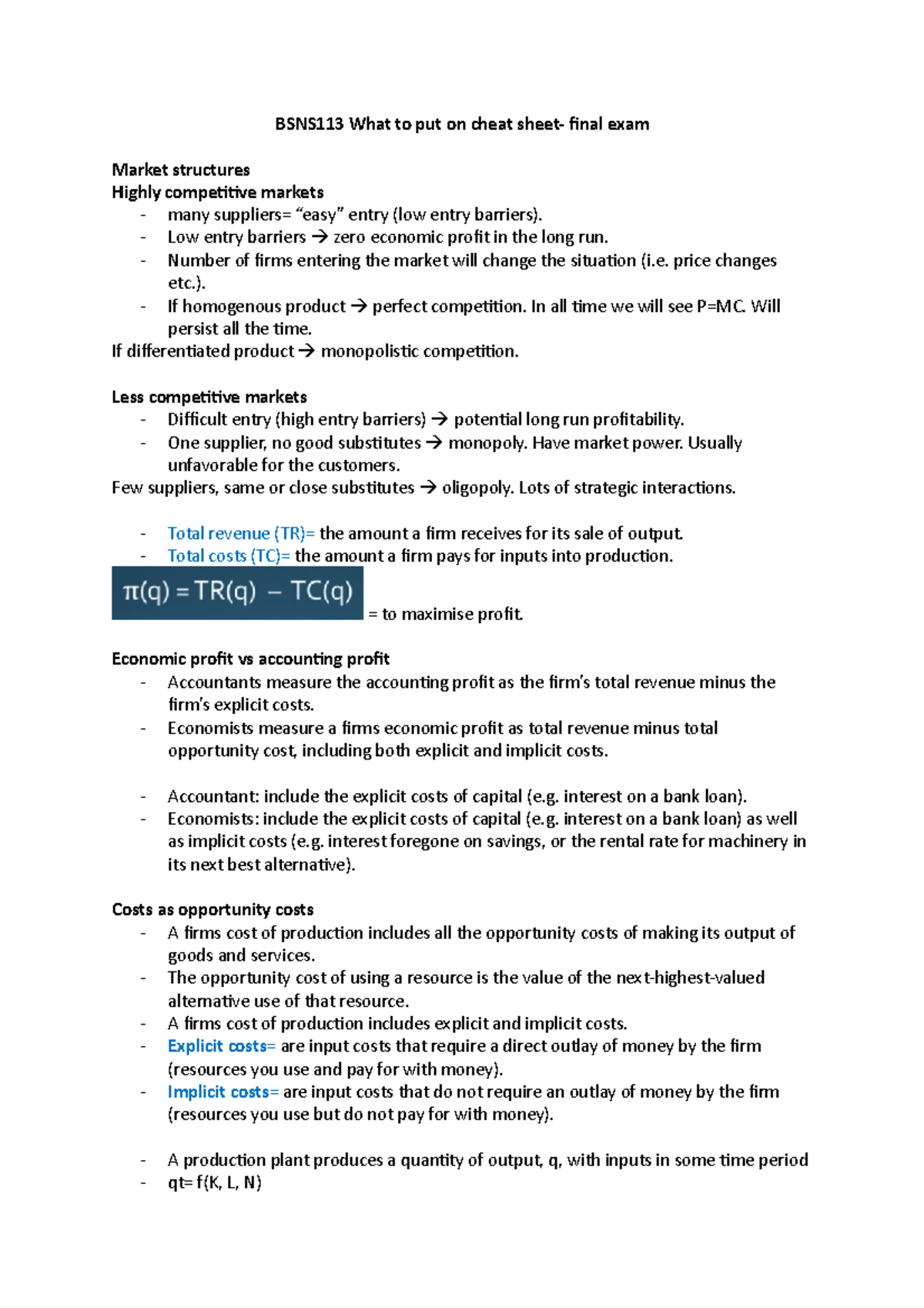 What to put on cheat sheet- final exam (Mod 2) - BSNS113 What to put on ...