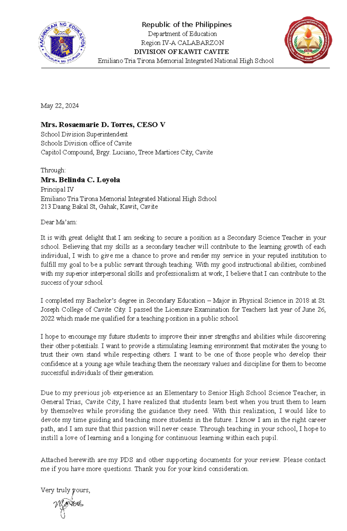 Intent- Application- Letter - Republic of the Philippines Department of ...