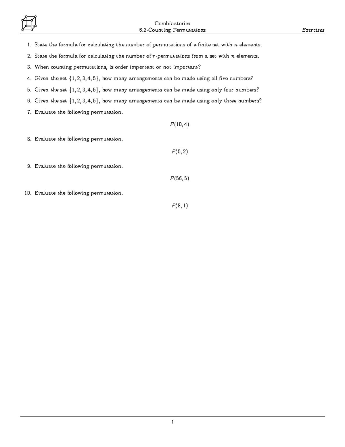 6 Practice Combinatorics 6 Counting Permutations Exercises State The Formula For Calculating