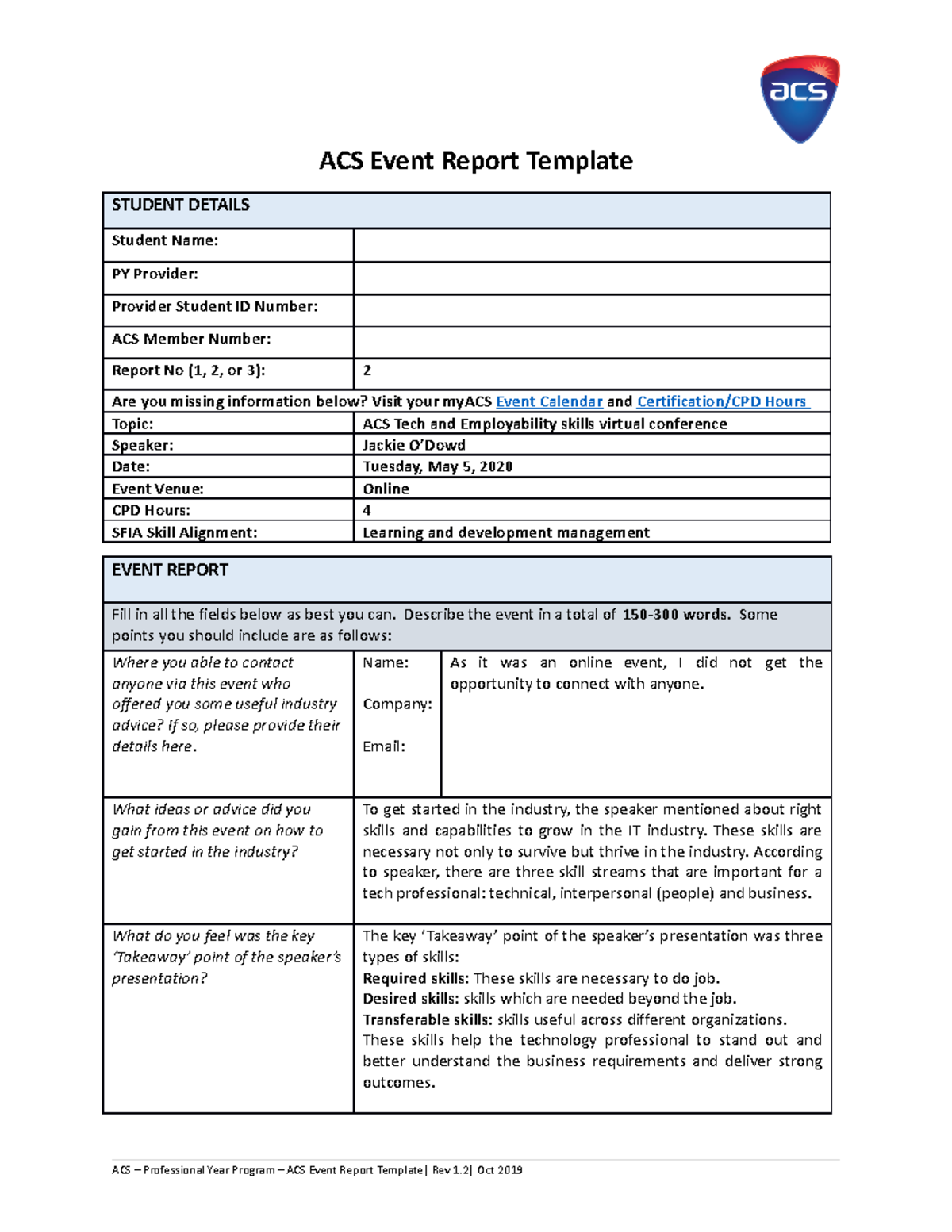ACS Events Report 2 - PROFESSIONAL YEAR ASSIGNMENTS - ACS Event Report Template STUDENT DETAILS ...