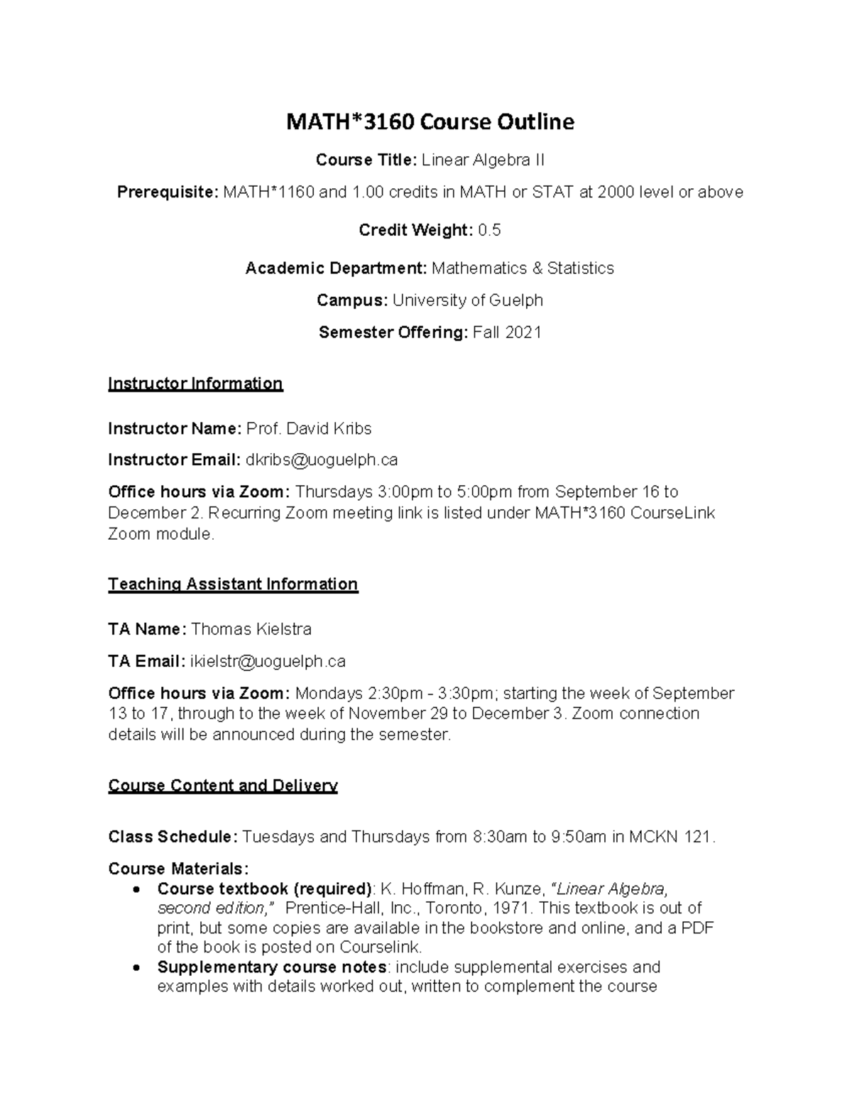 MATH3160 F21 outline - coursework - MATH 1200 - U of G - Studocu